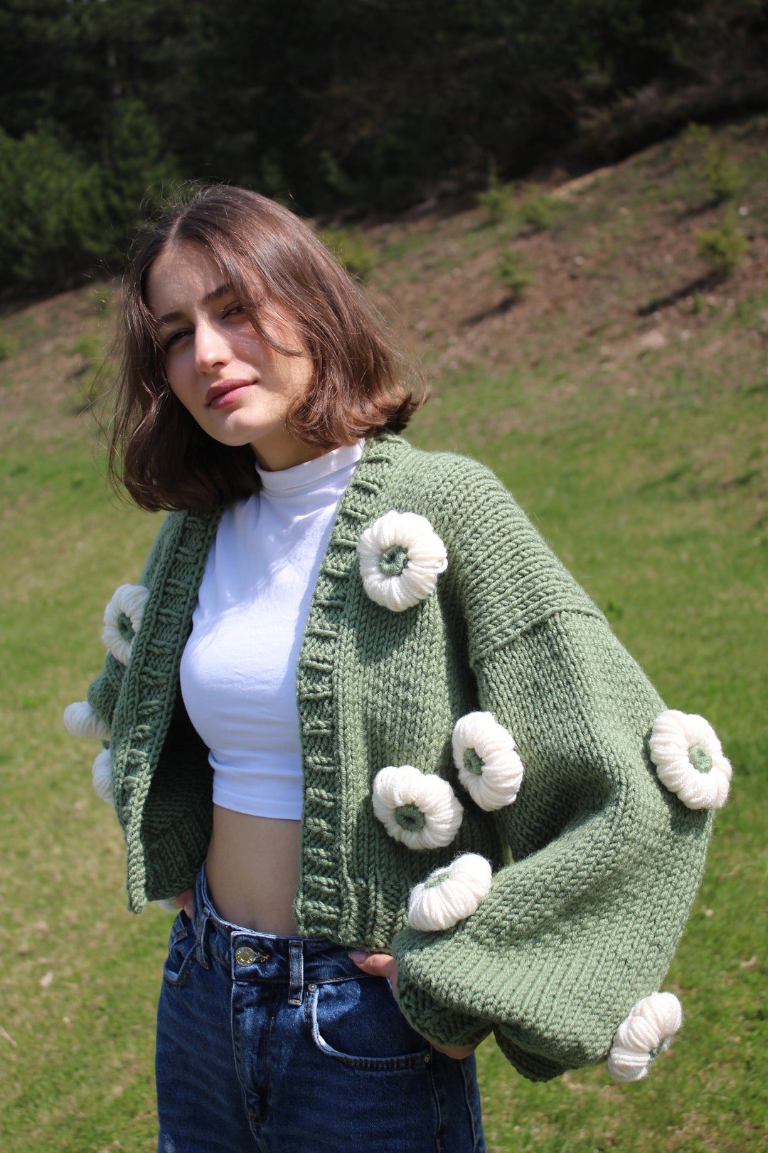 Flower Cardigan Green Flower Cardigan Handmade Cardigan - Etsy