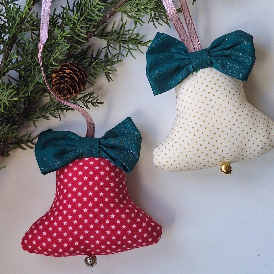 Mini Christmas Bell Ornaments- Set of 3 Small Fabric Bells, Handmade ...