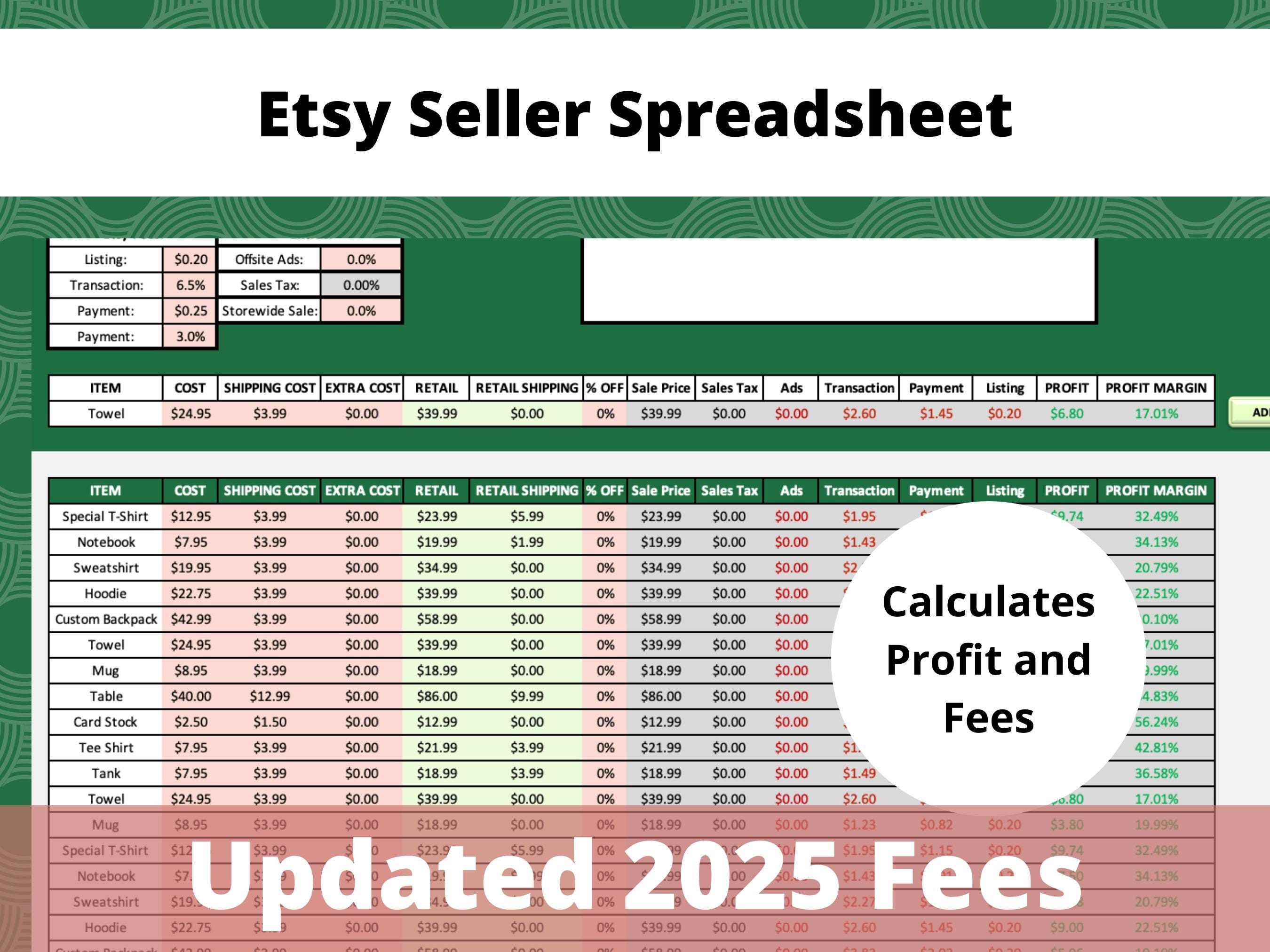 Etsy Seller Bookkeeping Spreadsheet Fee & Profit Calculator Automated ...