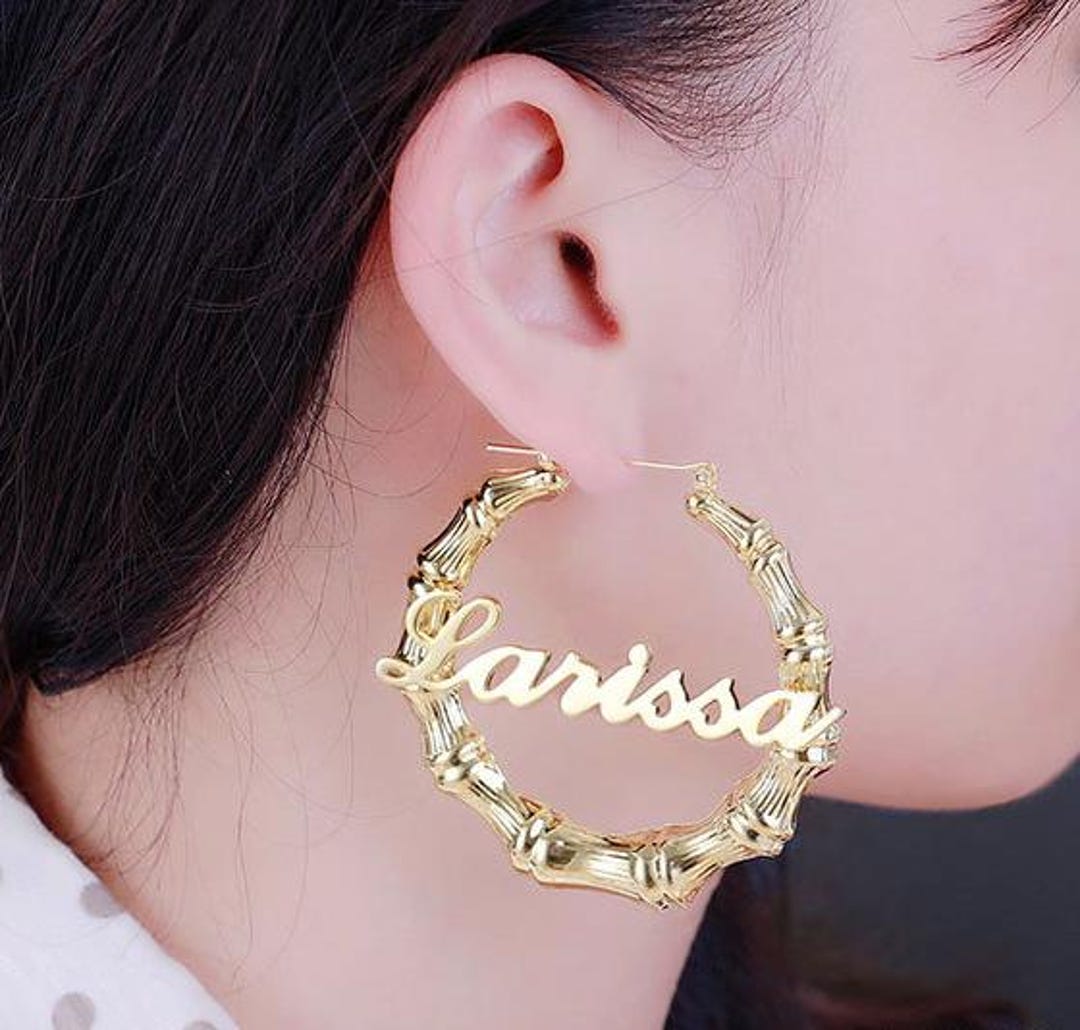 Personalized Bamboo Name Earrings Custom Bamboo Hoop Earrings in 18K ...