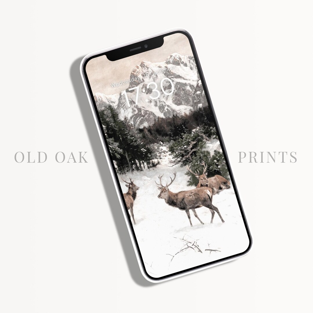 Rustic Deer Painting iPhone Wallpaper, Vintage Winter Mountains ...