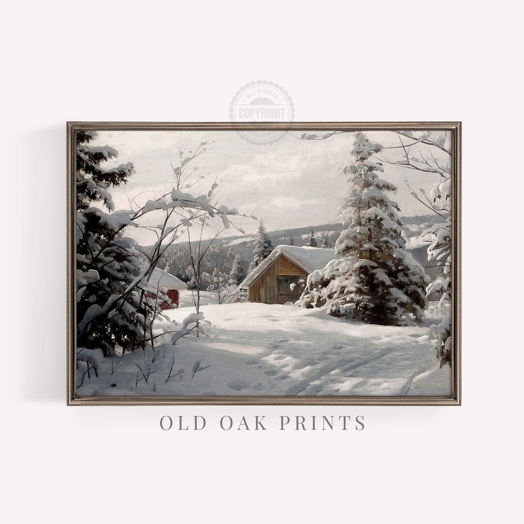 Rustic Winter Oil Painting Vintage Cottage Print Neutral Antique ...