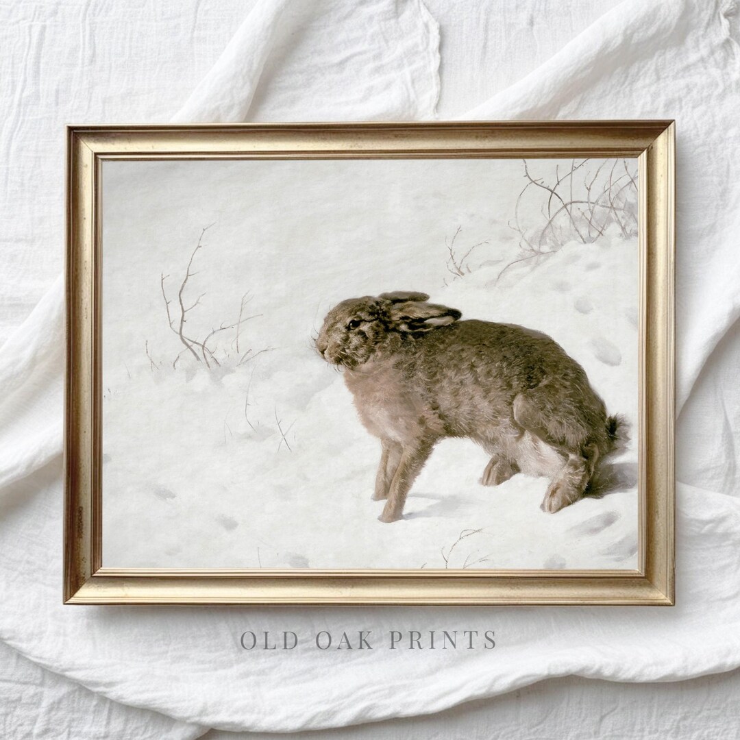 Vintage Christmas Animal Print | Bunny Rabbit Snow Painting | Winter ...