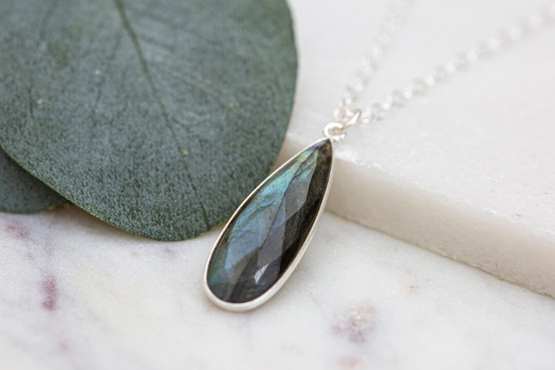 Elongated Gemstone Necklace Labradorite Necklace Long Pendant Necklace ...