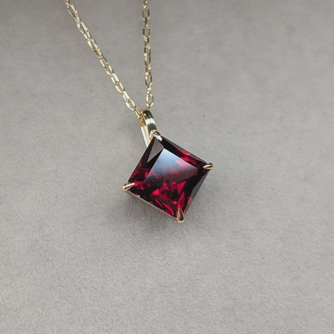 Square Garnet Pendant Necklace, 14k Gold Vermeil, January Birthstone - Etsy