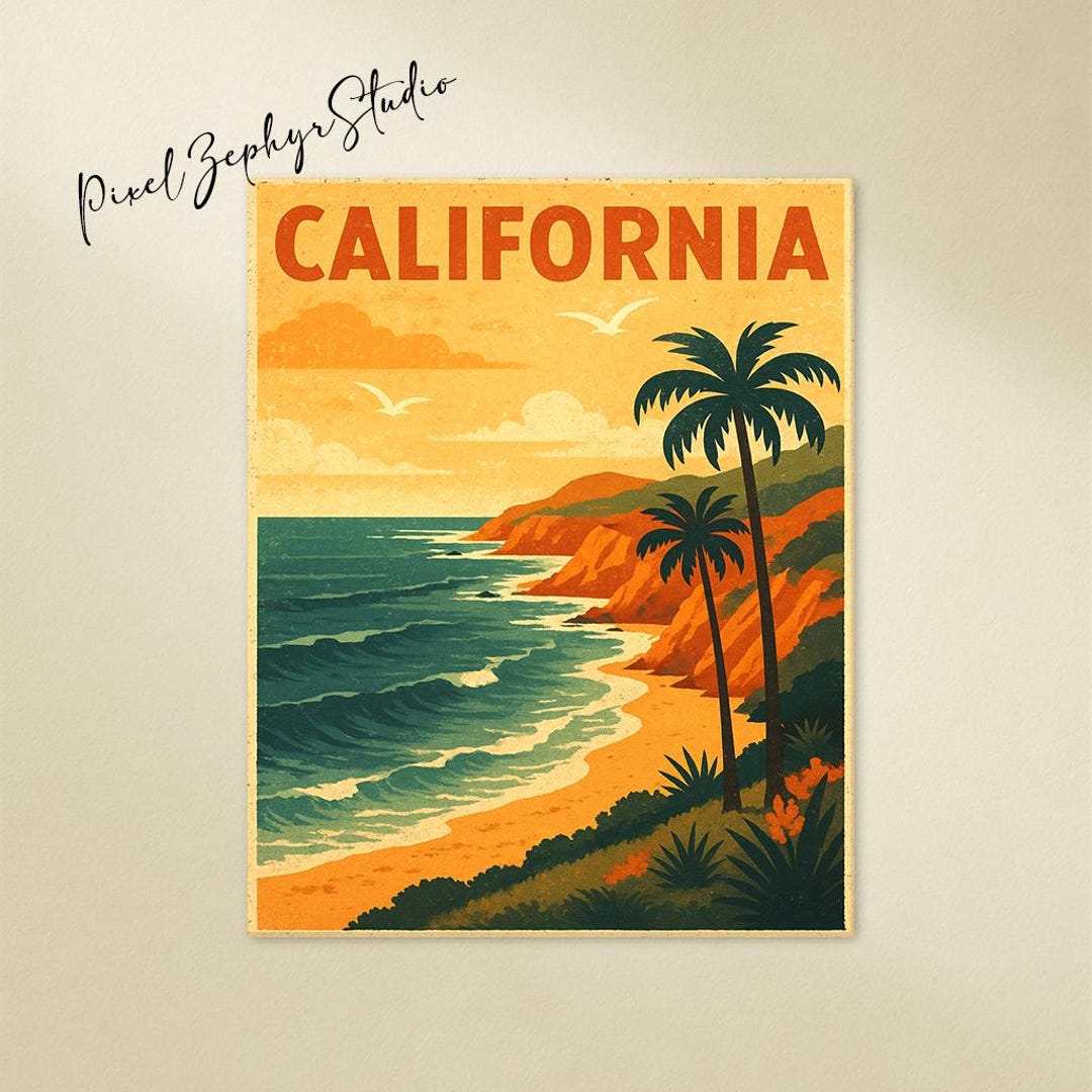 Retro California Coast Poster Vintage Beach Travel Print Ocean Cliff ...