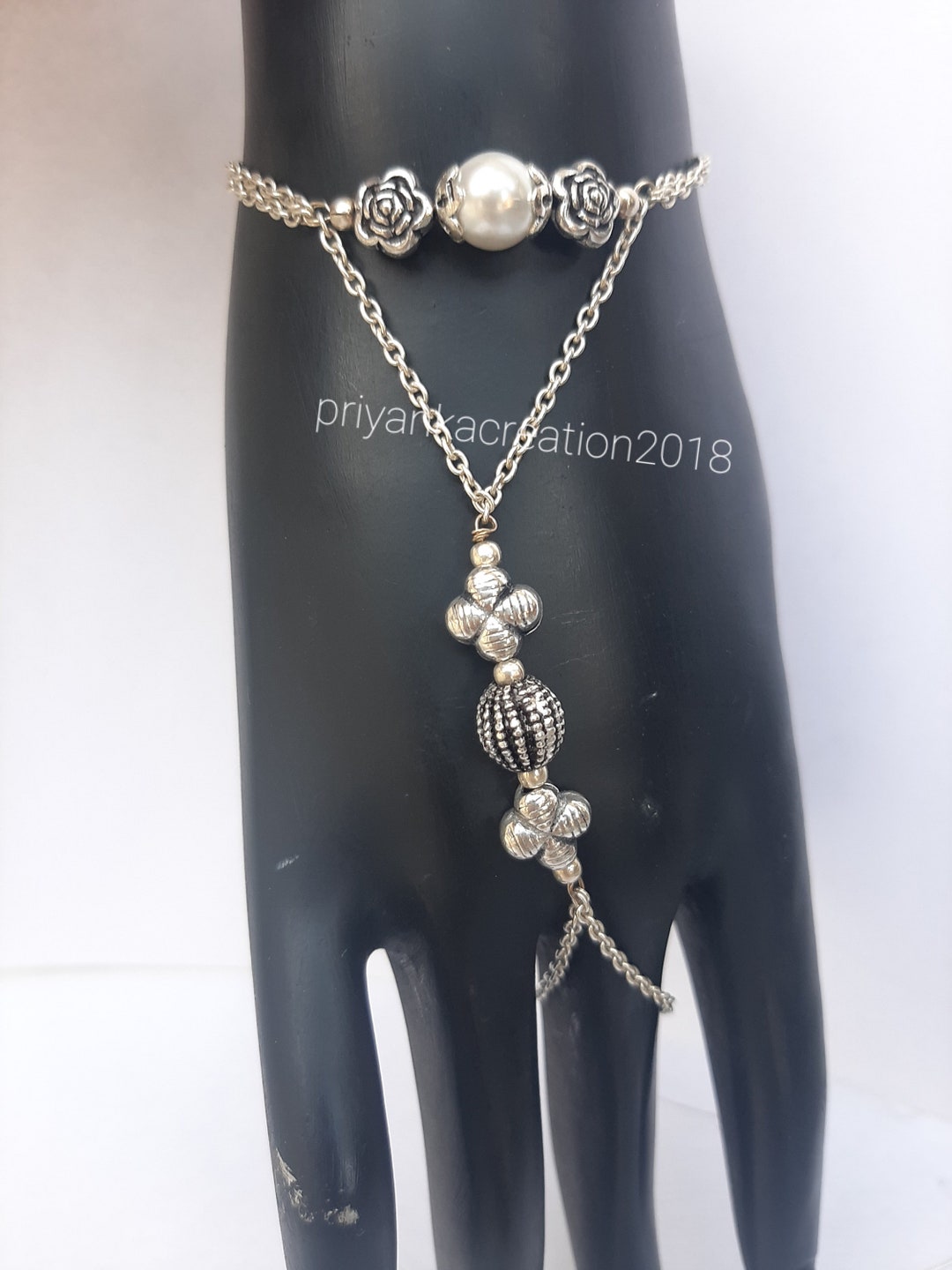 925 Silver Pearl Bracelet With Attached Ring, Beaded Hand Jewelry - Etsy