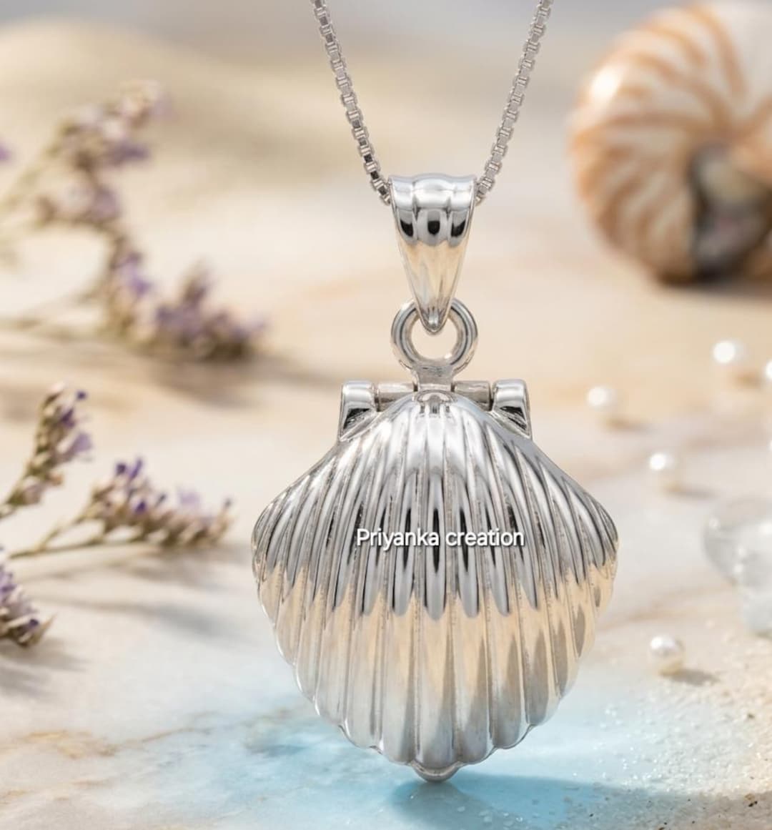 Sterling Silver Clam Shell Locket Pendant, Natural White Pearl, Ocean ...