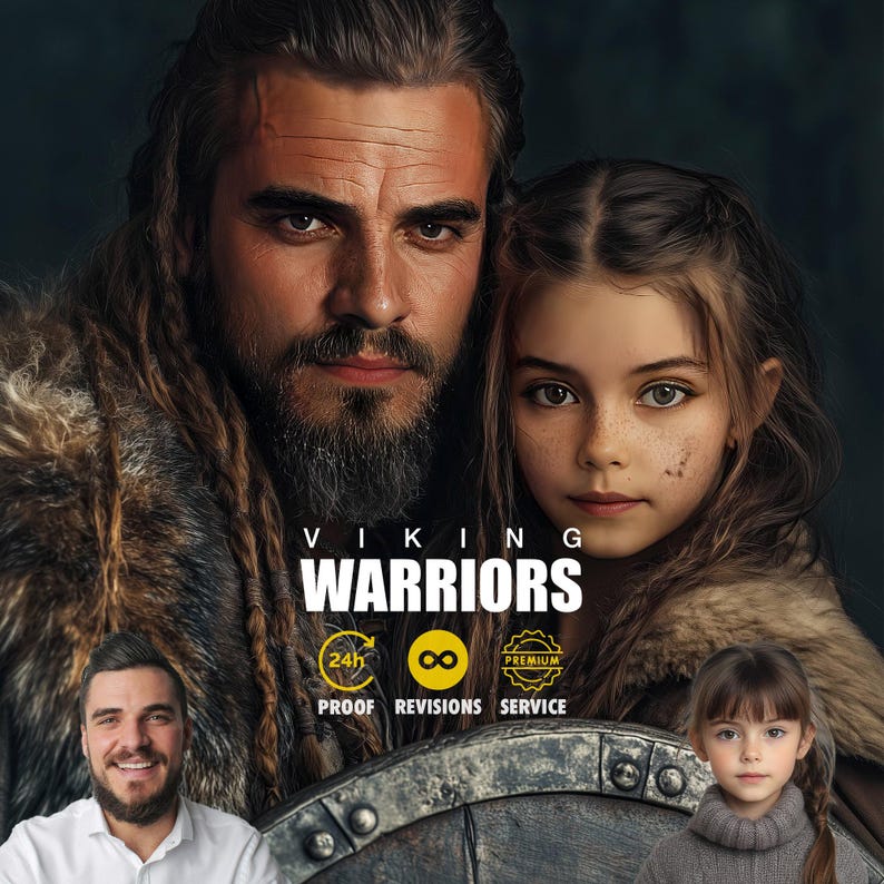 Custom Viking Dad and Daughter Portrait From Photo, Personalized Viking ...