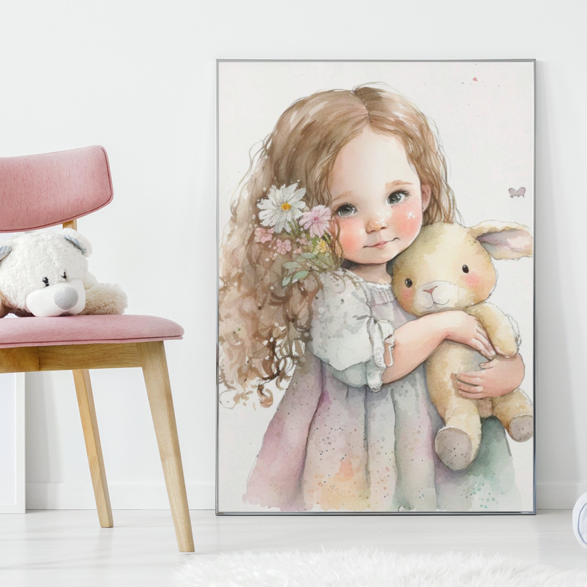 Watercolor Little Girl With Bunny Canvas Print - Etsy