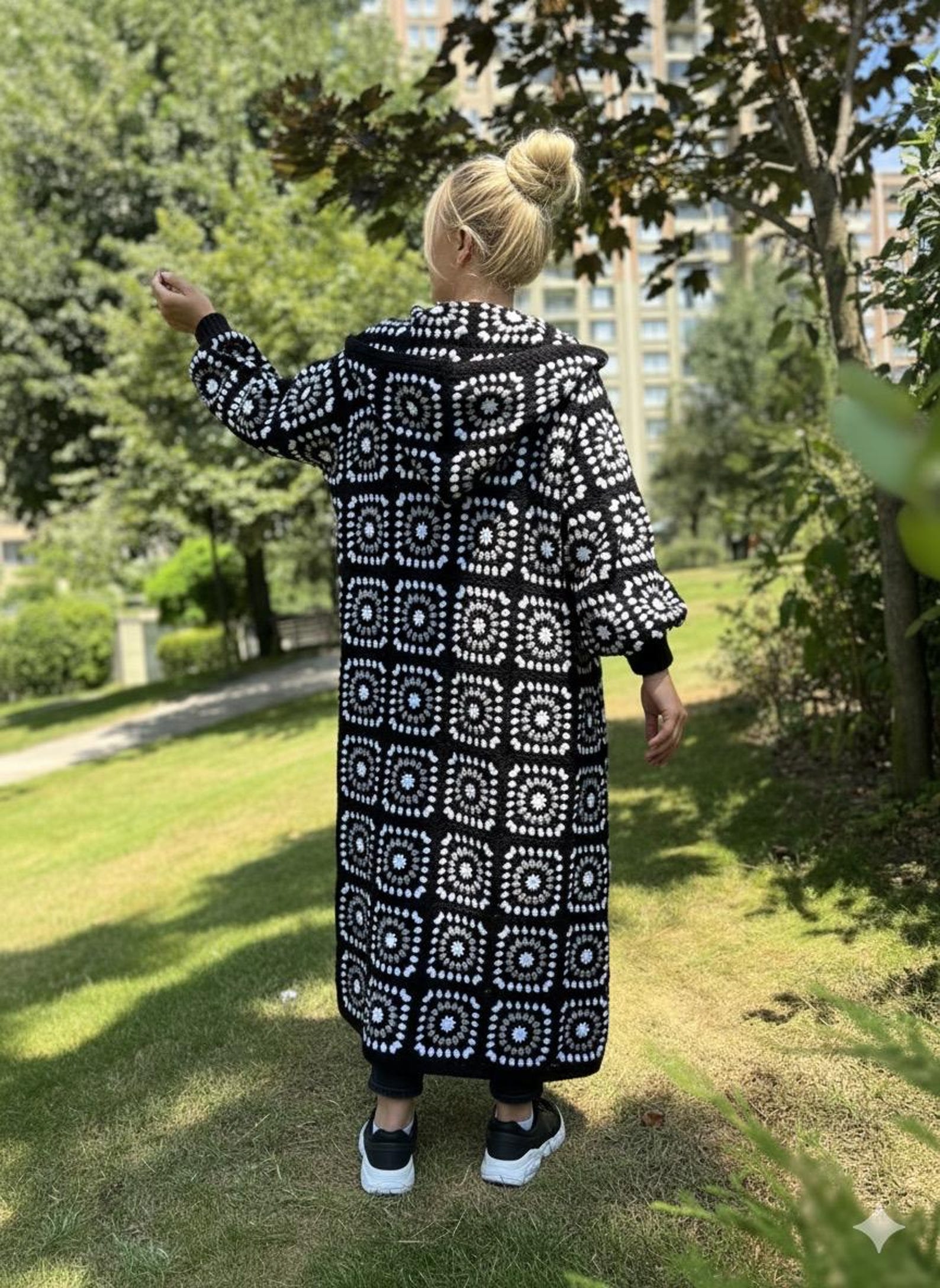 Granny Square Coat, Black White Cardigan, Crochet Jacket, Bohemian ...