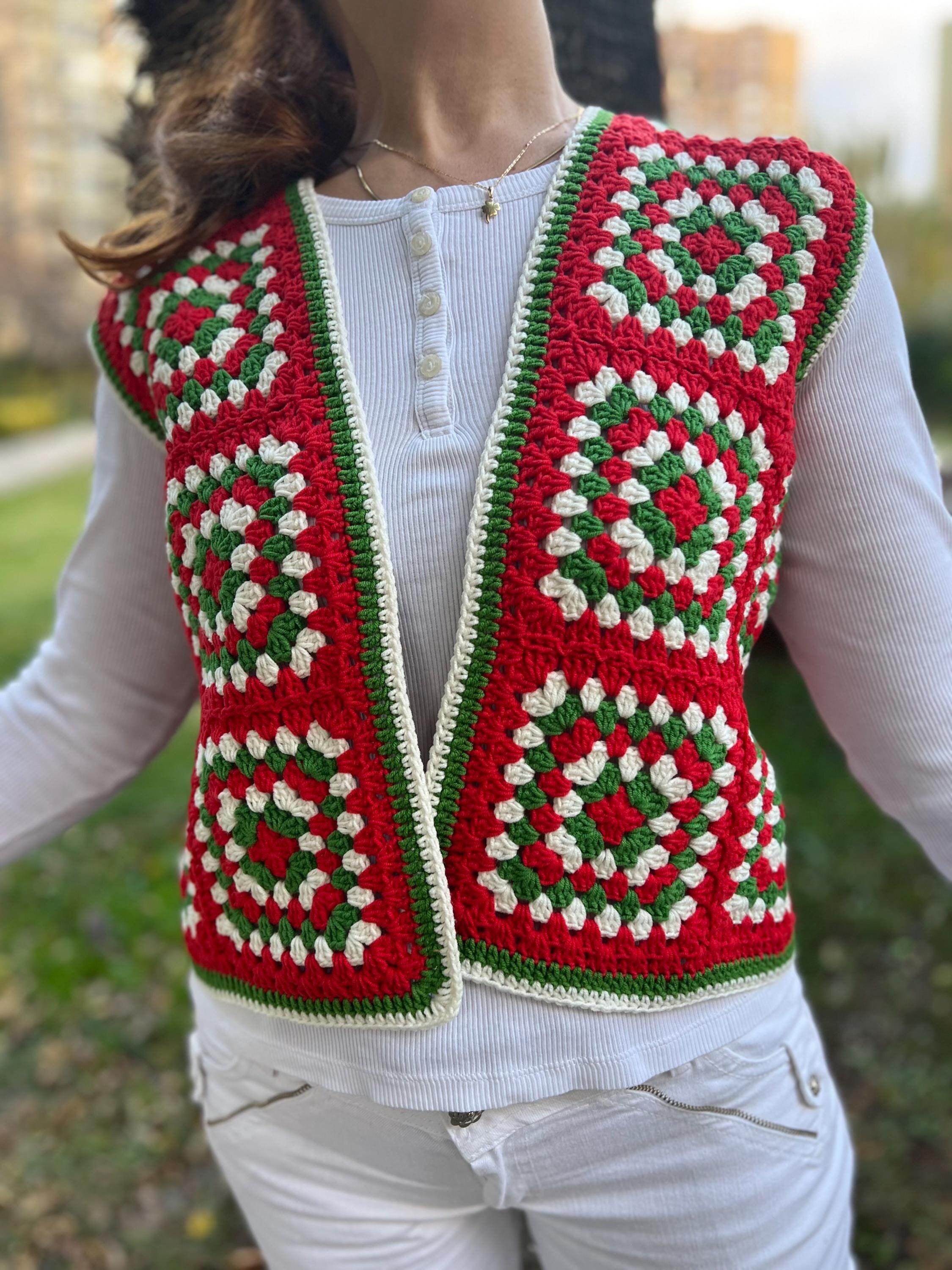Handmade Christmas Vest, Crochet Xmas Sweater, Red Green Granny Square ...