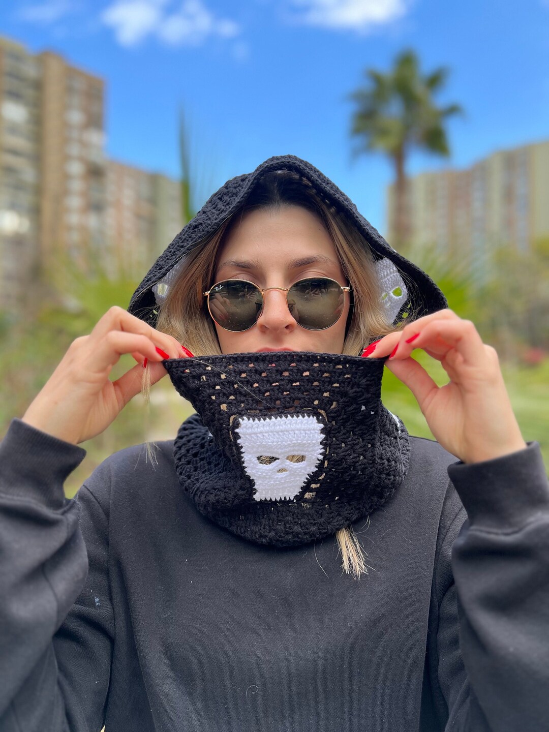 Knit Balaclava, Black Ski Mask, Crochet Neck Warmer, Granny Square ...