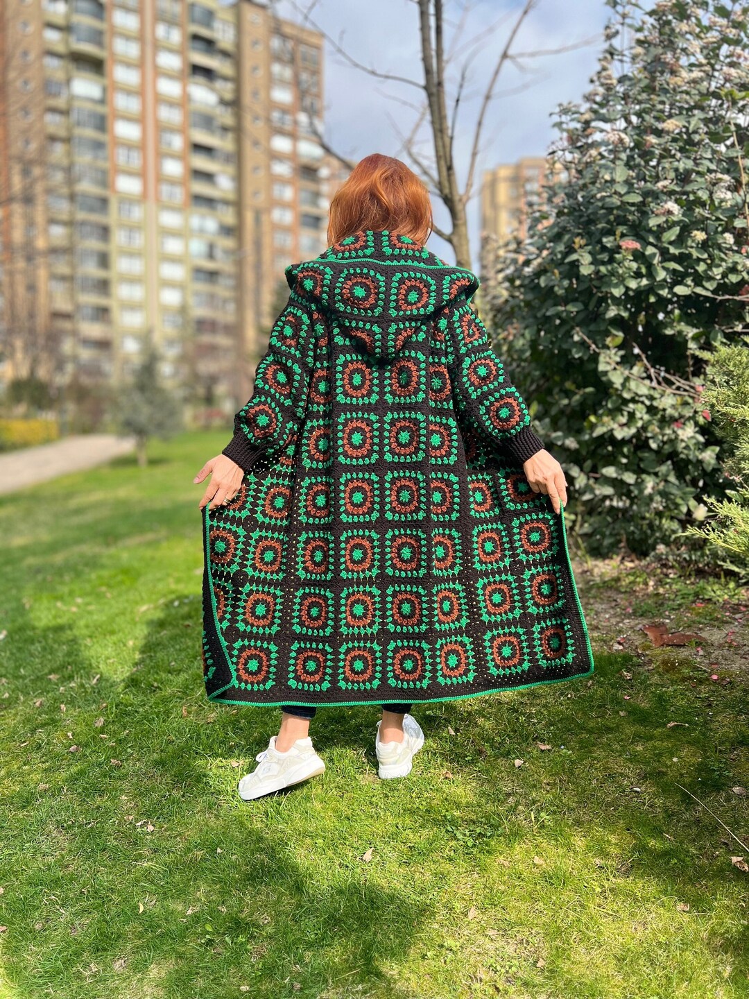 Granny Square Coat, Black Green Cardigan, Crochet Jacket, Bohemian ...