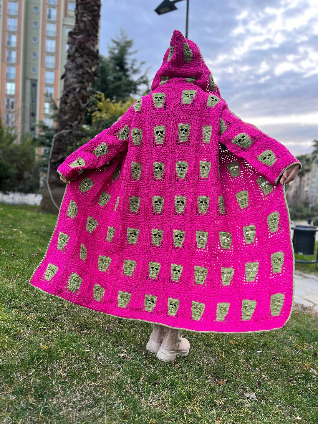 Halloween Costume, Green Skull Cardigan, Pink Long Cardigan, Knit ...