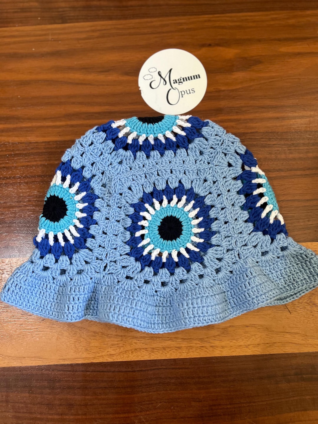 Crochet Evil Eye Bucket Hat With Blue Tones for Boho Style - Etsy