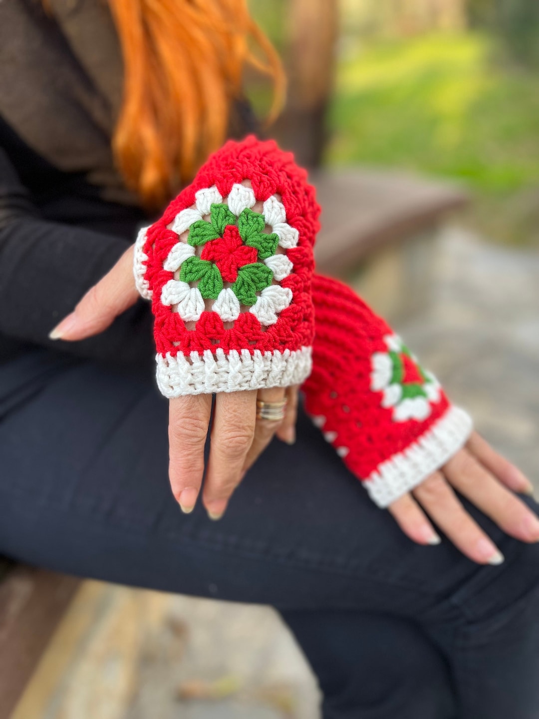 Christmas Crochet Gloves, Cotton Fingerless Gloves, Red Winter Gloves ...
