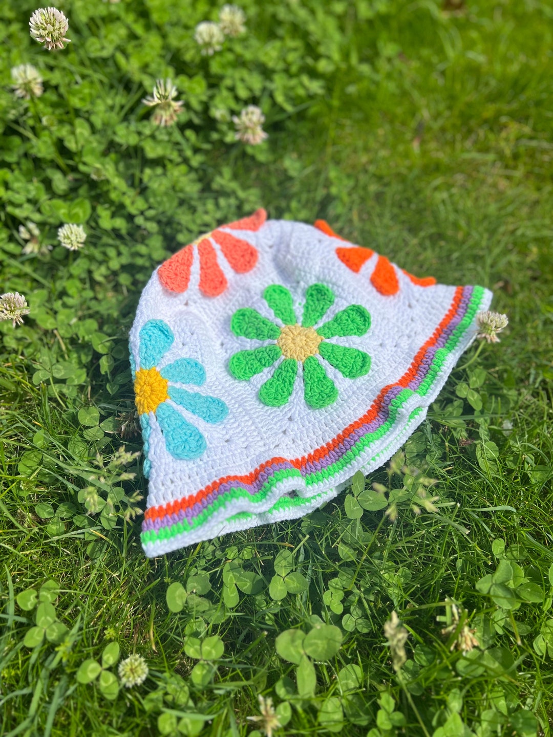 Floral Bucket Hat, Crochet Daisy Hat, Colorful Bucket Hat, Cute Bucket Hat, Handmade Hat, Granny ...