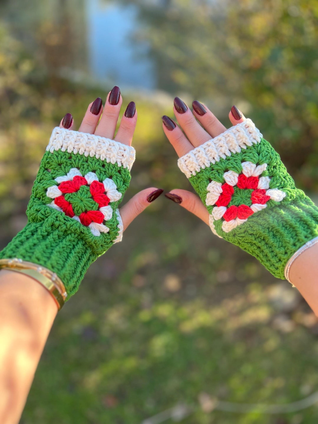 Green-red Gloves, Christmas Gloves, Granny Square Gloves, Crochet ...