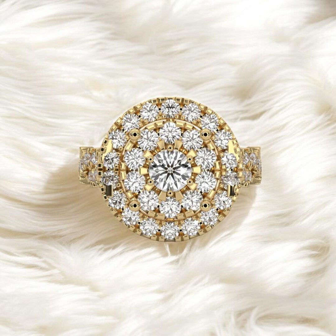 Luxury Round Cluster Diamond Ring /14K/18K Yellow Gold Diamond Ring ...