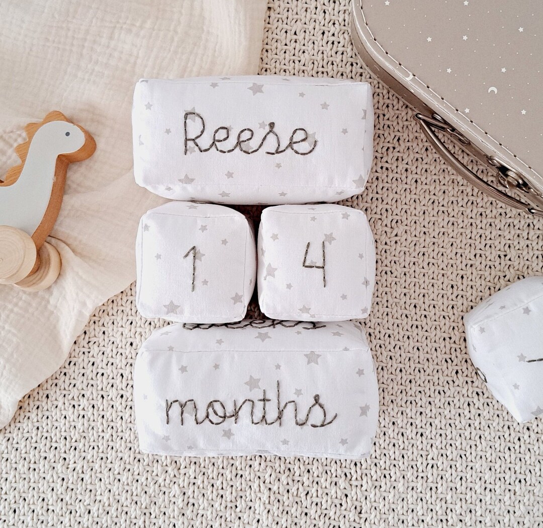 Milestone Blocks With Name, Hand Embroidered Baby Month Blocks, Stars ...