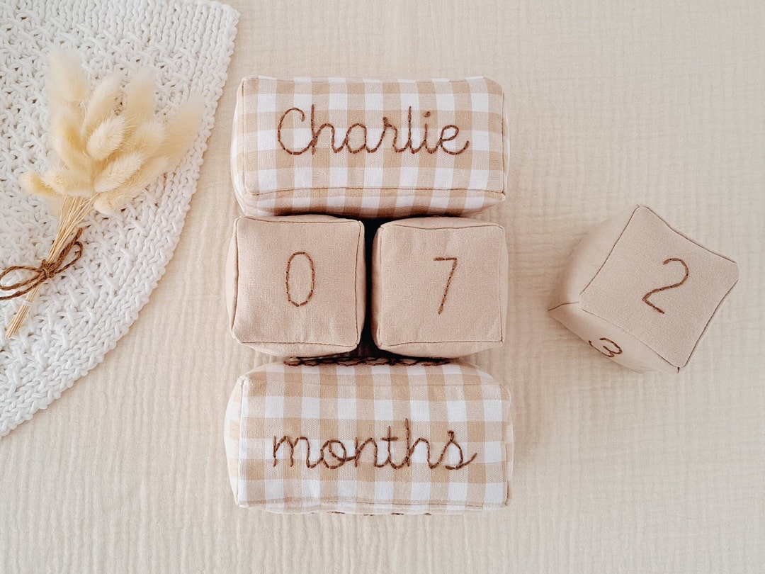 Gingham Baby Milestone Blocks, Custom Name Age Blocks Set, Beige and ...
