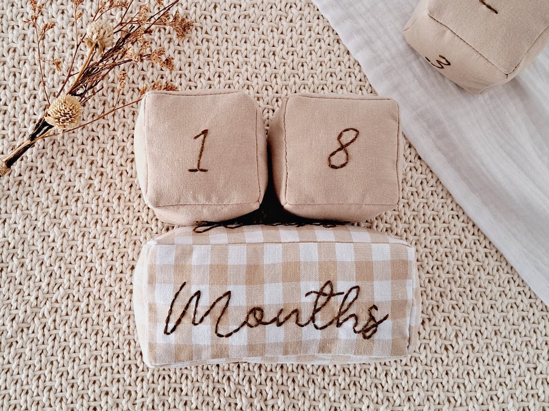 Custom Monthly Milestone Blocks, Gingham Age Blocks for Babies, Beige ...