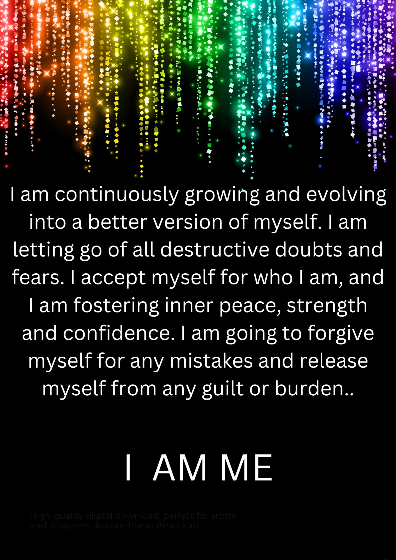 Rainbow Glitter Affirmation Print for Daily Positivity Black Background ...