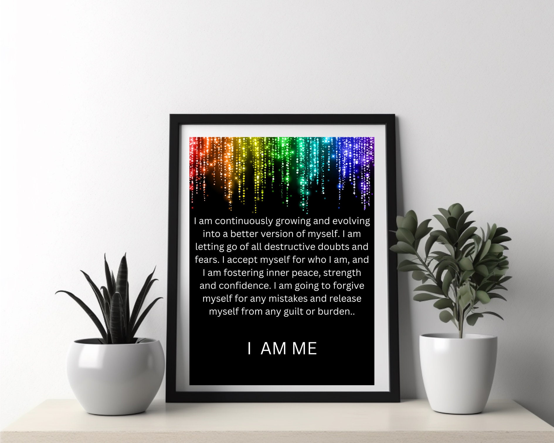 Rainbow Glitter Affirmation Print for Daily Positivity Black Background ...