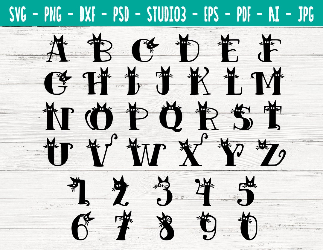 Black Cats Alphabet Decal, Cat Letters and Numbers, Cat Type, Kitty ...