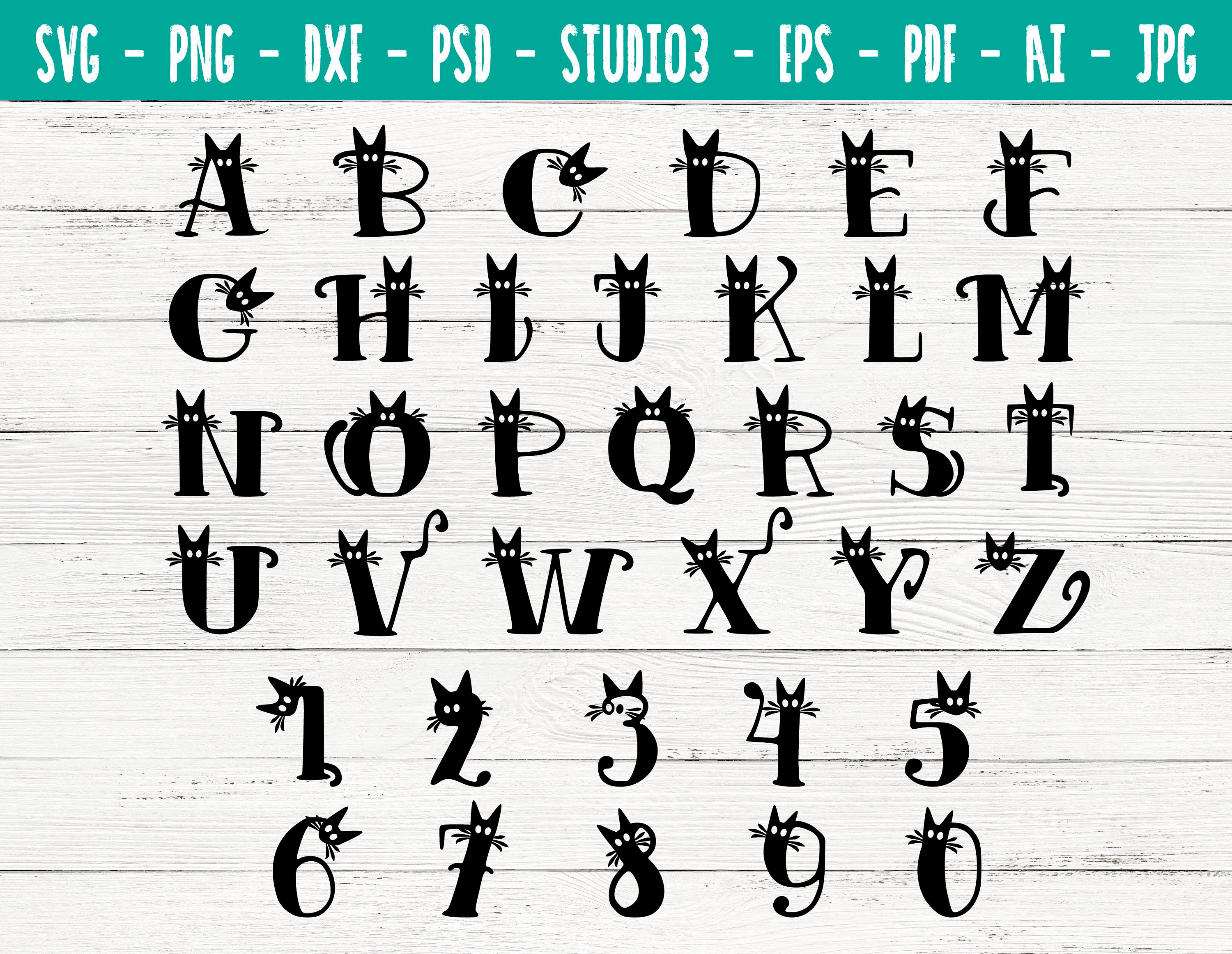 Black Cats Alphabet Decal, Cat Letters and Numbers, Cat Type, Kitty ...