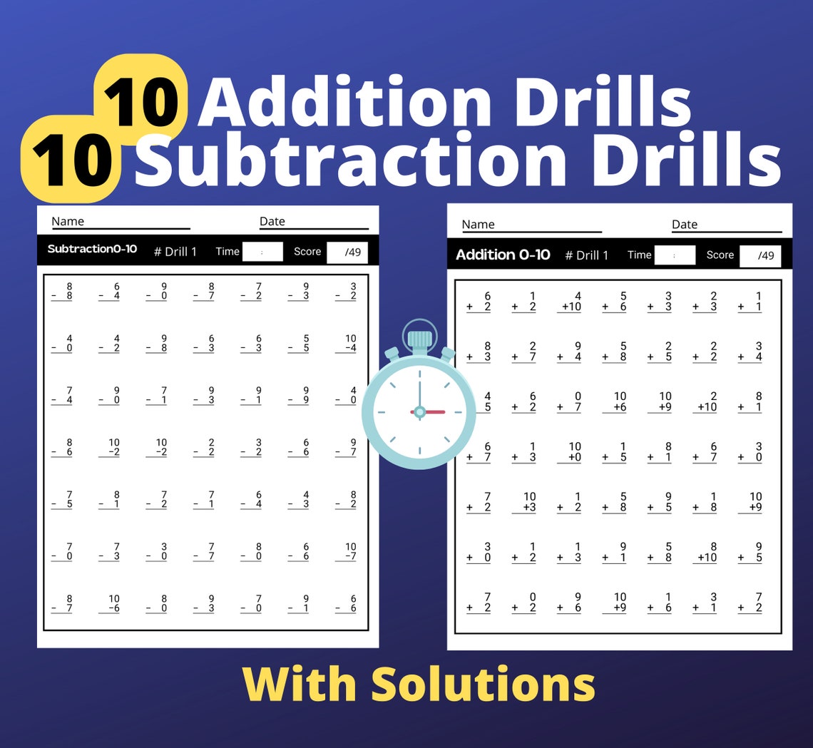 Addition and Subtraction Timed Drills | 0-10 Adding and Subtracting ...
