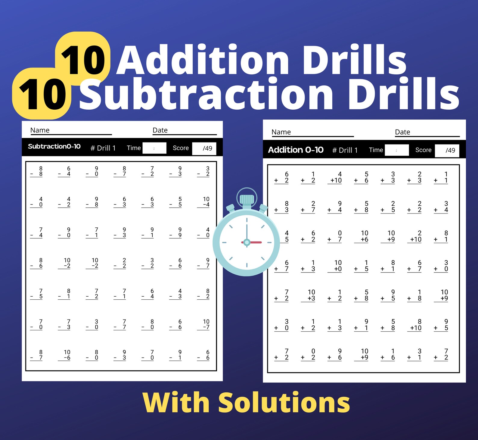 Addition and Subtraction Timed Drills | 0-10 Adding and Subtracting ...