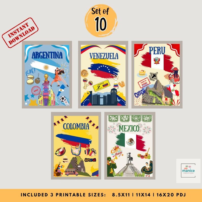 Spanish Latino Countries Printable Poster Set: Bilingual Classroom Art ...