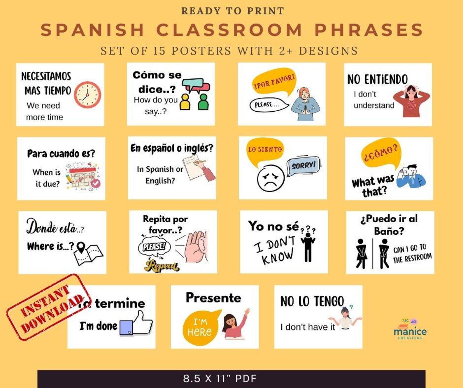 Spanish Classroom Phrases Posters: Boho, Retro, Black & White (digital ...