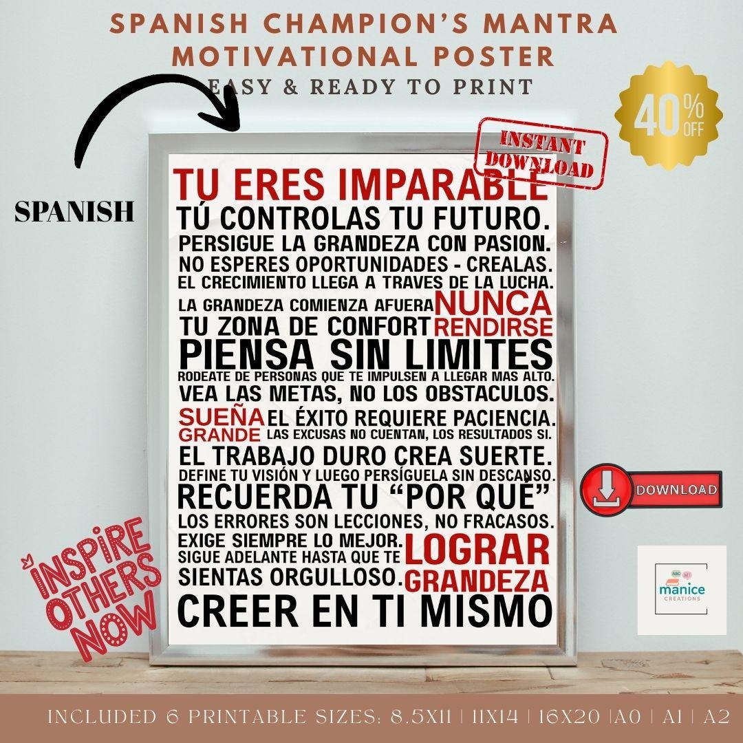 Spanish Motivational Quote Poster: Champion's Mantra Wall Art (digital ...