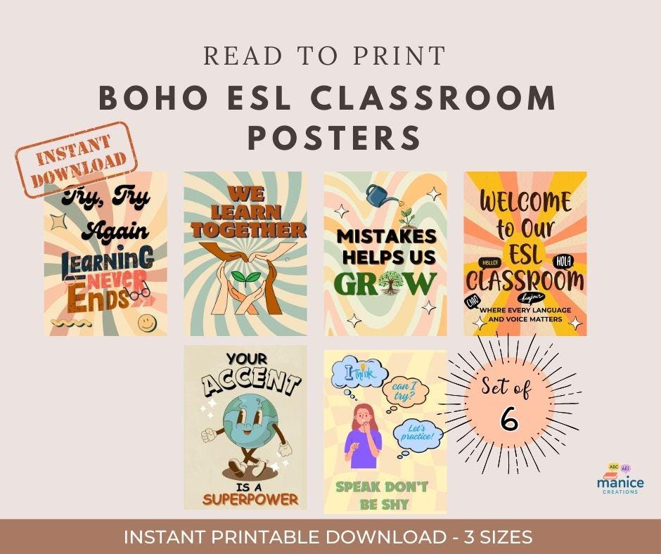BOHO English ESL Classroom Posters – Growth Mindset & SEL Decor Instant ...