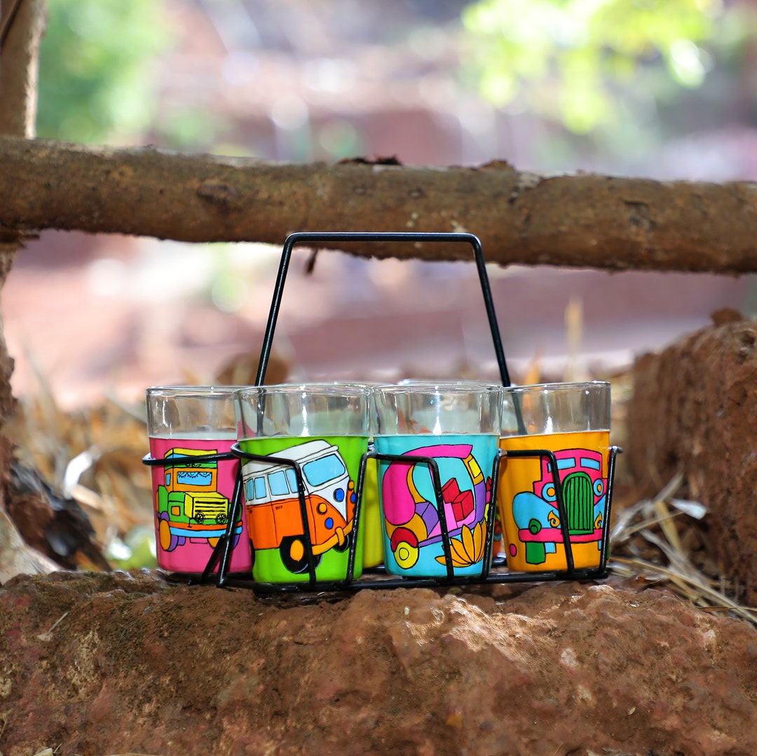 Handcrafted Colourful Tea Glass Set of 6 | Cutting Chai Cup With Holder ...