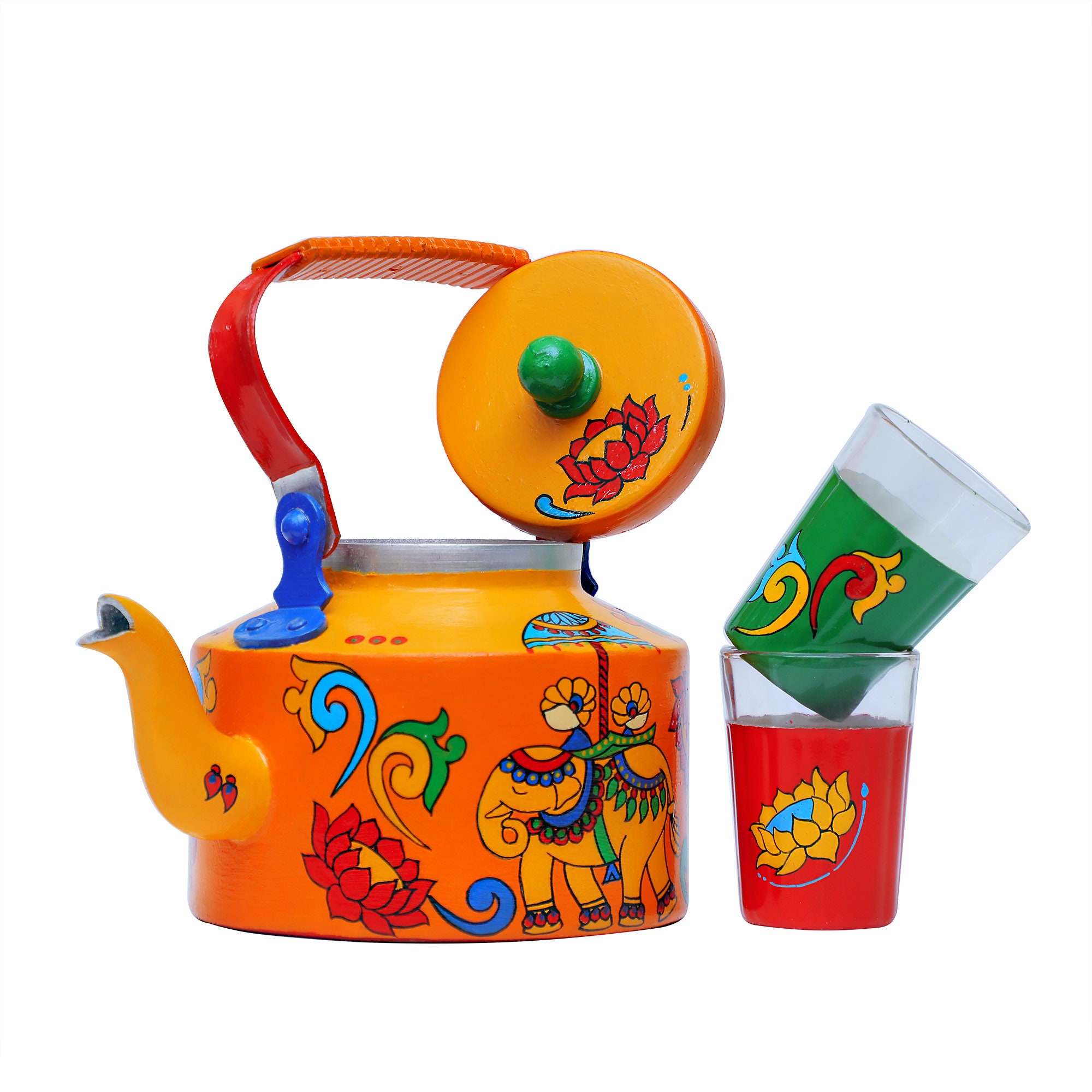 Hand Painted Indian Kettle Set With Chai Glass Set of 2 Women's Day ...