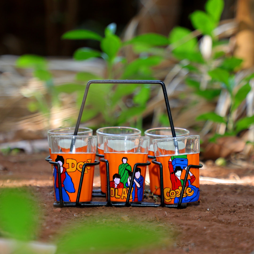 Hand Painted Tea Glasses Set of 6 Cutting Chai Glass With Chai Stand ...