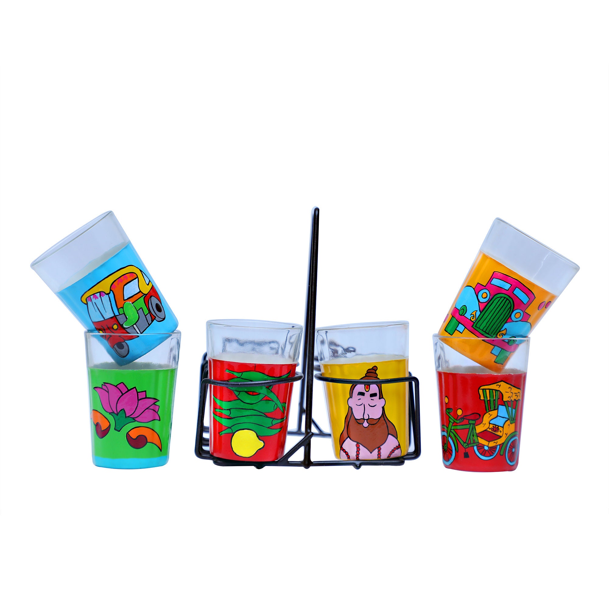 Traditional Indian Chai Glass Set of 6 Cutting Chai Glass With Iron Tea ...