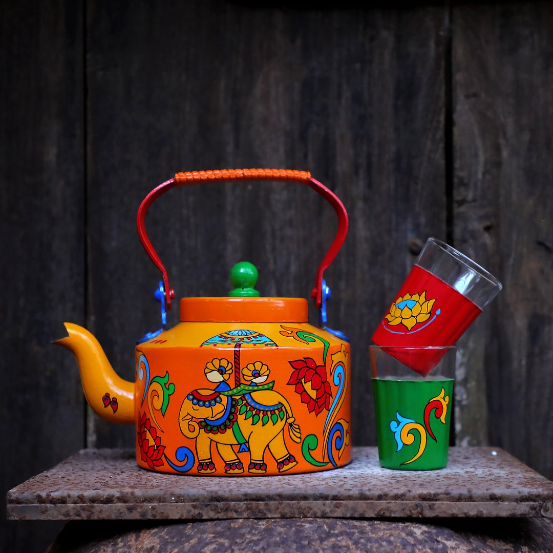 Hand Painted Indian Kettle Set With Chai Glass Set of 2 Handmade Tea ...