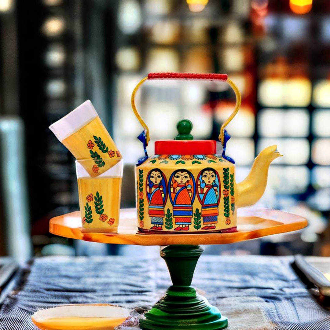 Hand Painted Indian Kettle Set With 2 Cutting Chai Glasses Restaurant ...