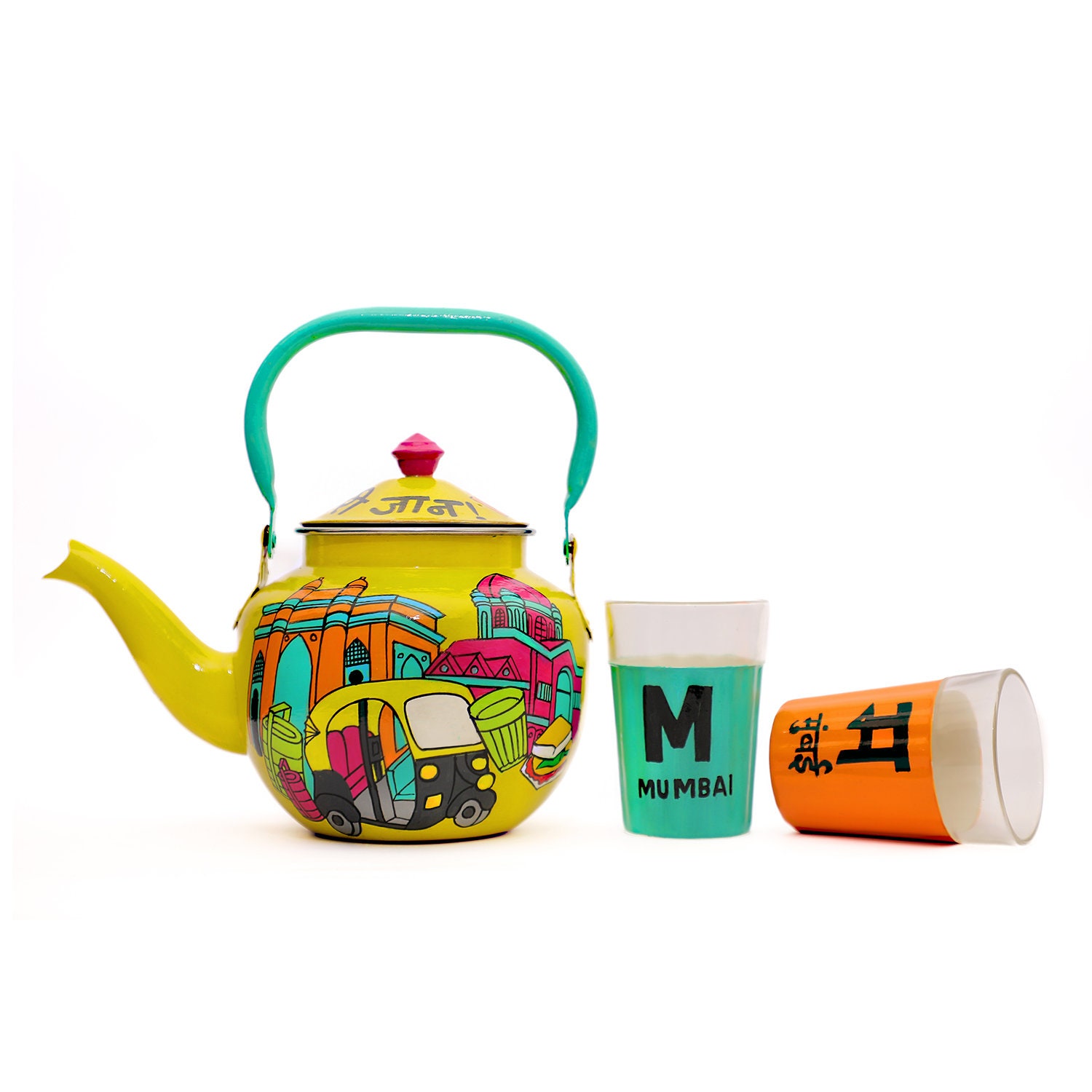 Hand Painted Indian Tea Kettle Set With 2 Cutting Chai Glass Serving ...