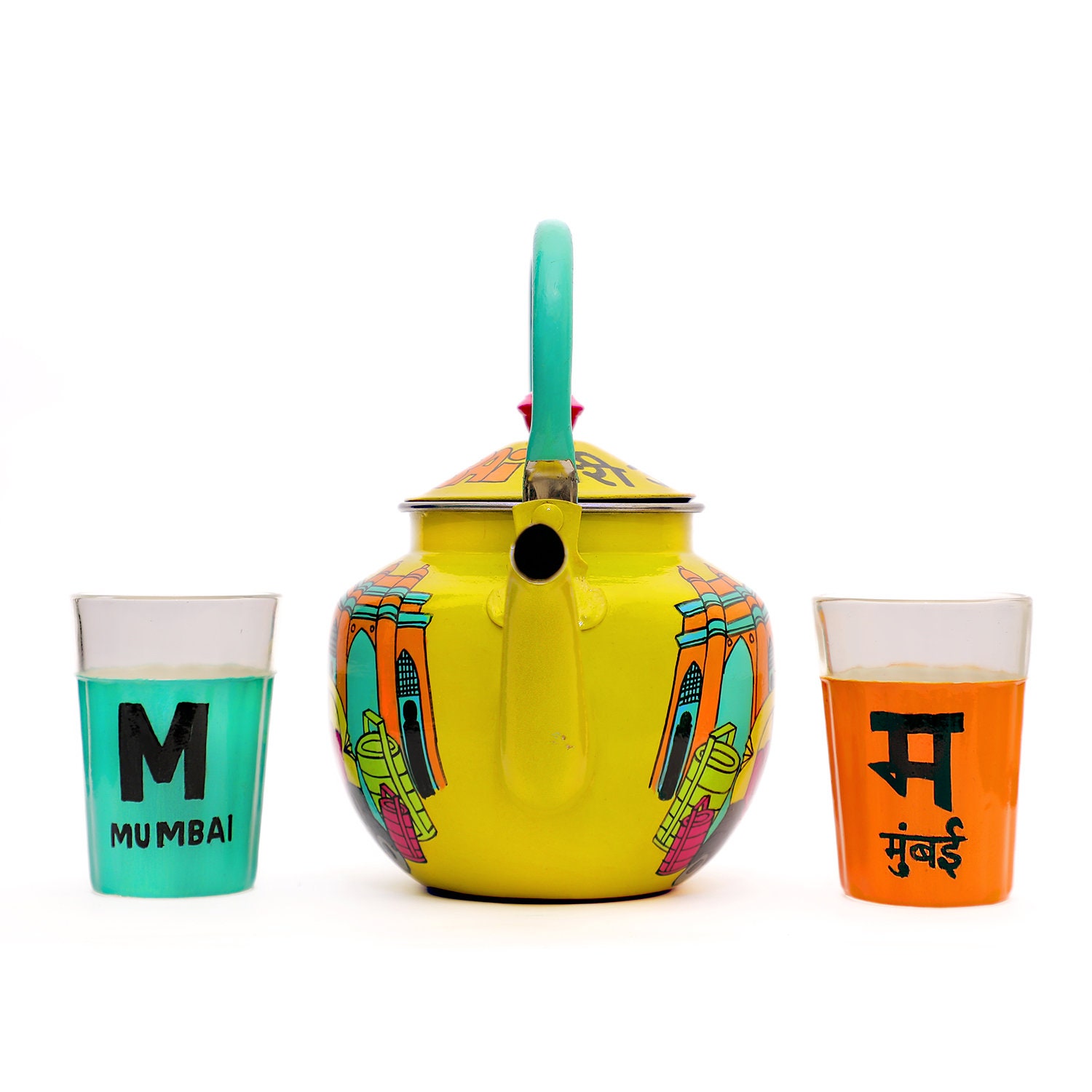 Hand Painted Indian Tea Kettle Set With 2 Cutting Chai Glass Serving ...