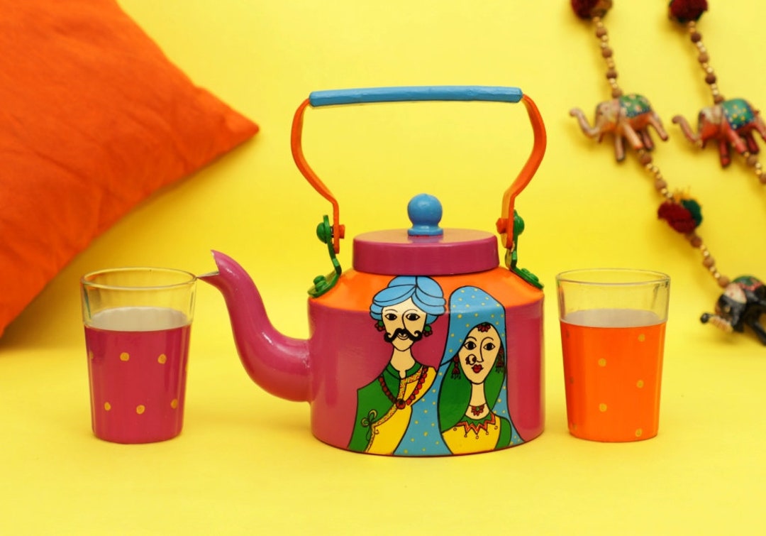 Handpainted Indian Kettle With Glass, Rajasthani Tea Set With 2 Cutting ...