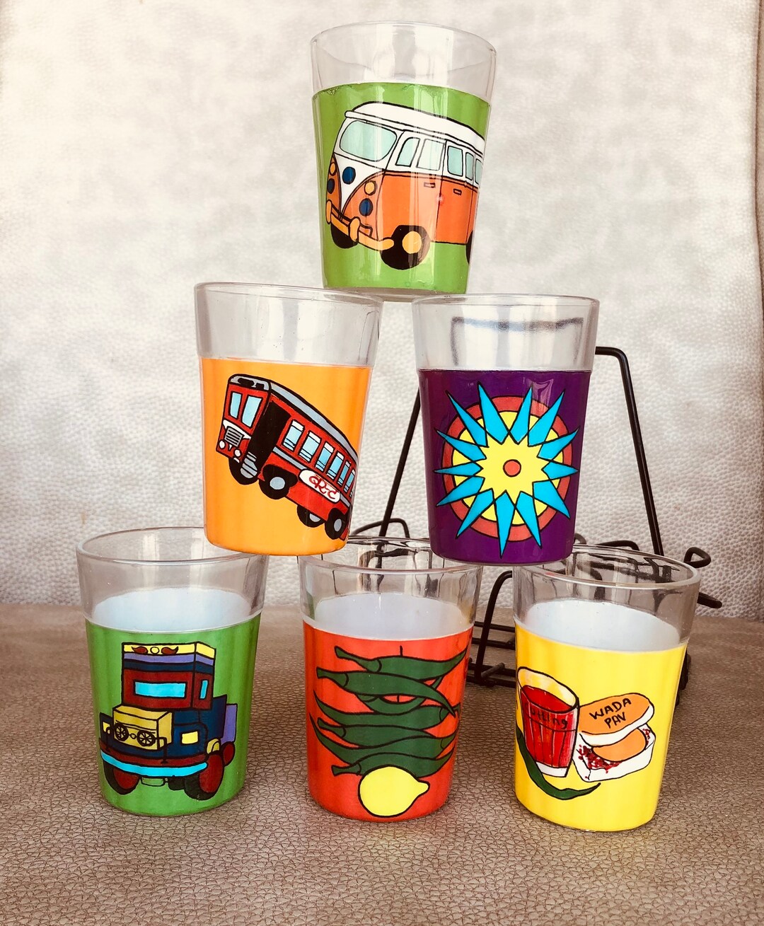Hand Painted Tea Glasses Set of 6 Cutting Chai Glass With Tea Stand ...