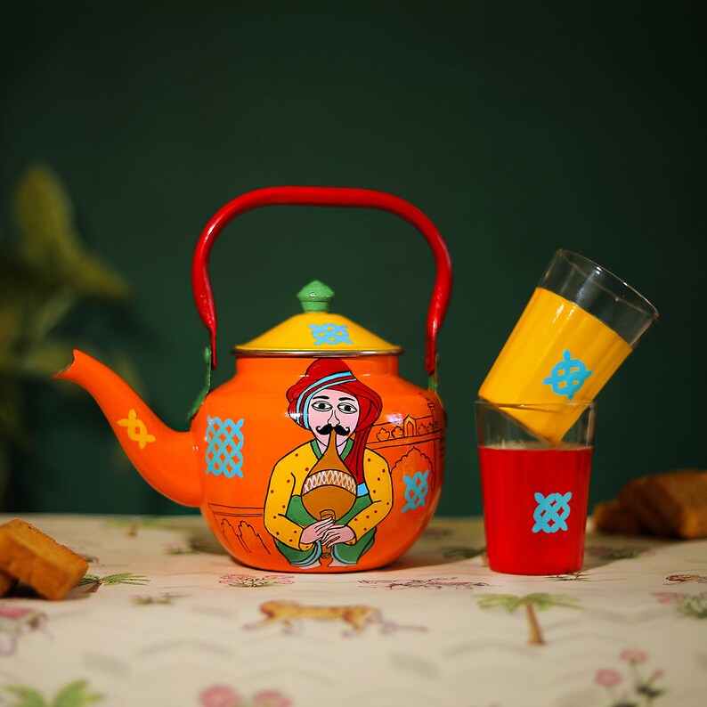 Handpainted Stainless Steel Kettle With Chai Glass Set of 2 Indian ...