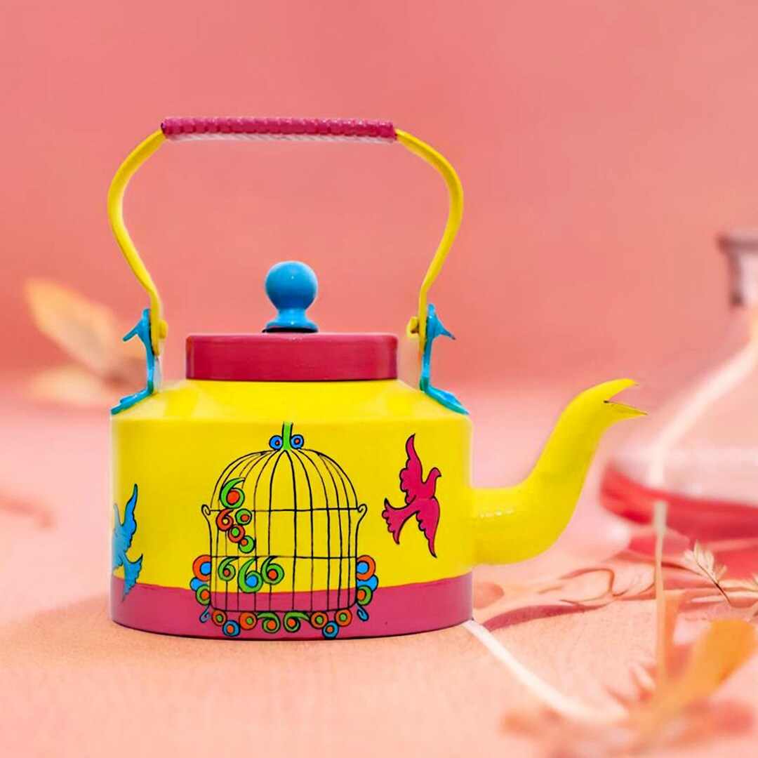 Hand Painted Indian Tea Kettle Traditional Yellow Tea Pot Multicolour ...