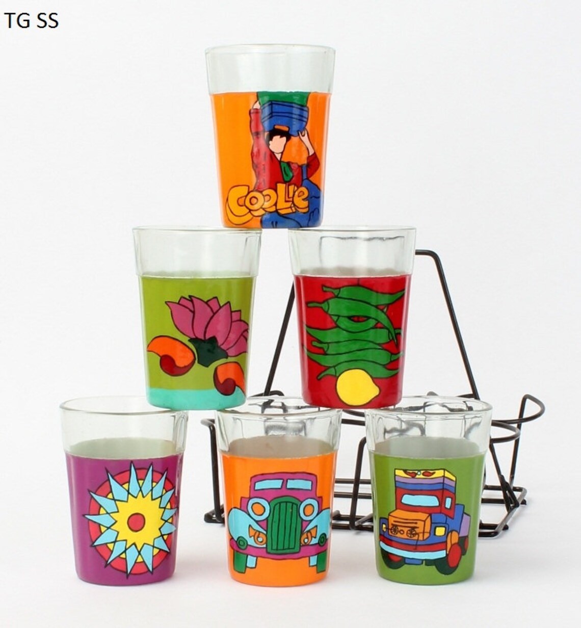 Handpainted Tea Glasses Set of 6 Cutting Chai Glasses With Stand Indian ...